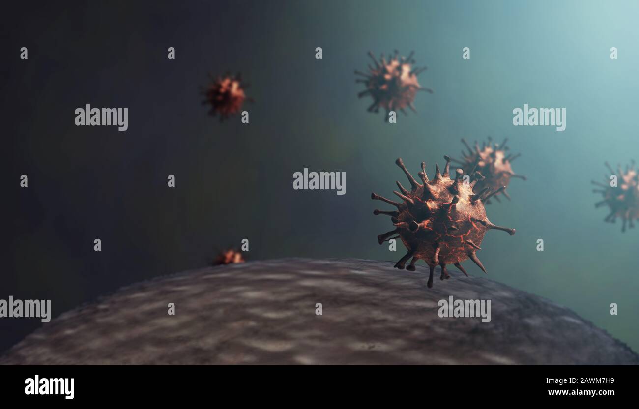 Microscopic view of influenza virus cells. 3D medical illustration ...