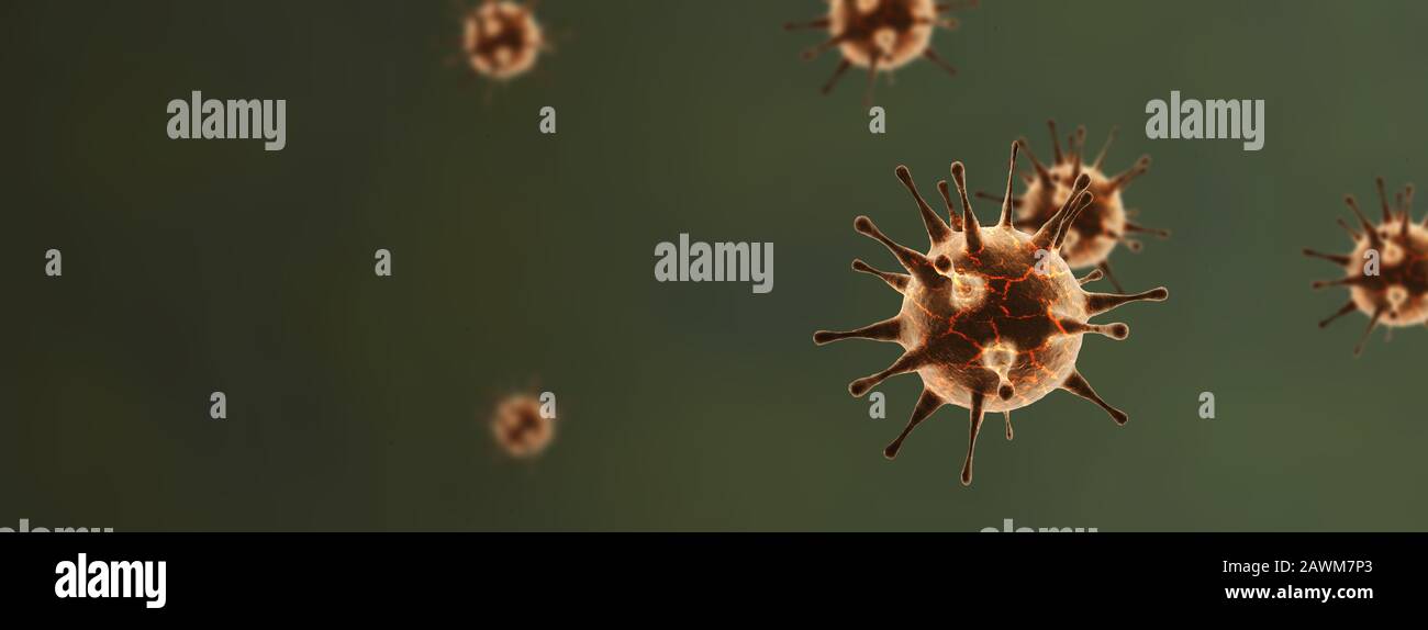 Microscopic view of influenza virus cells. 3D medical illustration ...