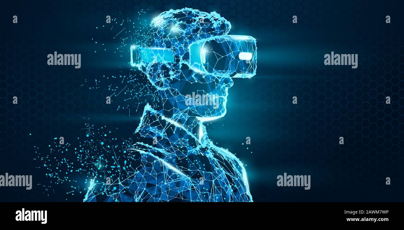 VR headset holographic low poly wireframe vector. Polygonal man wearing ...