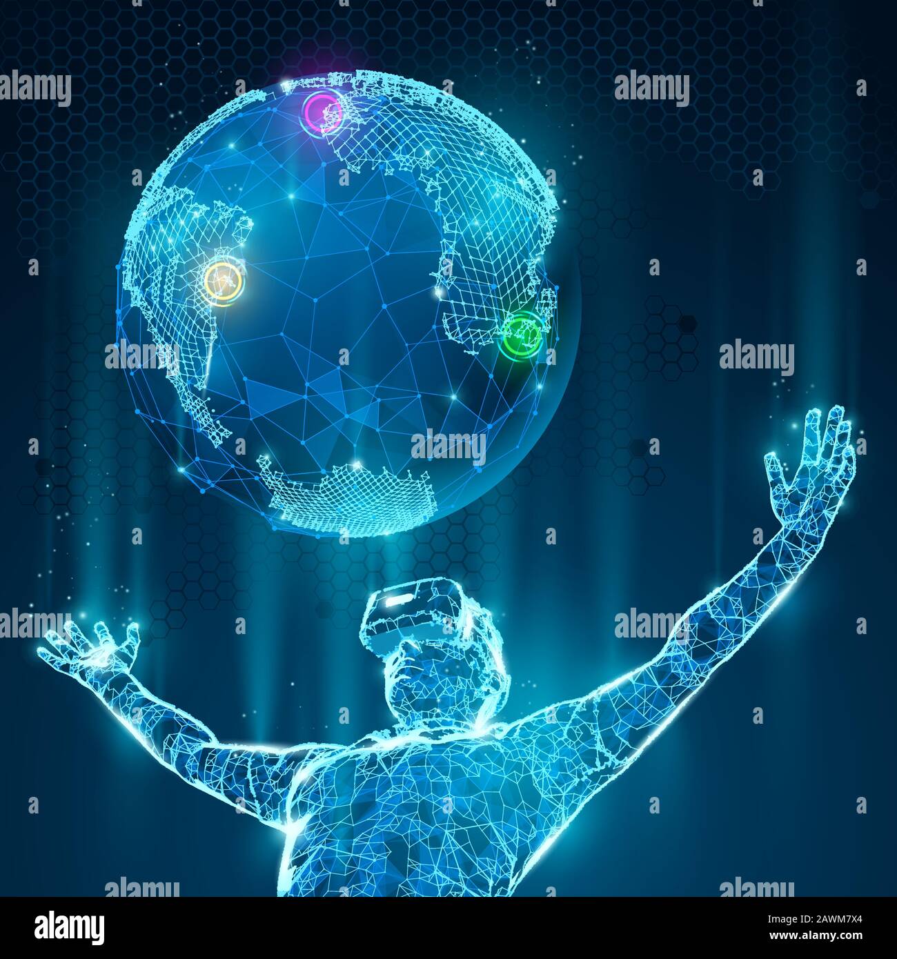 VR headset holographic low poly wireframe vector. Polygonal man wearing ...