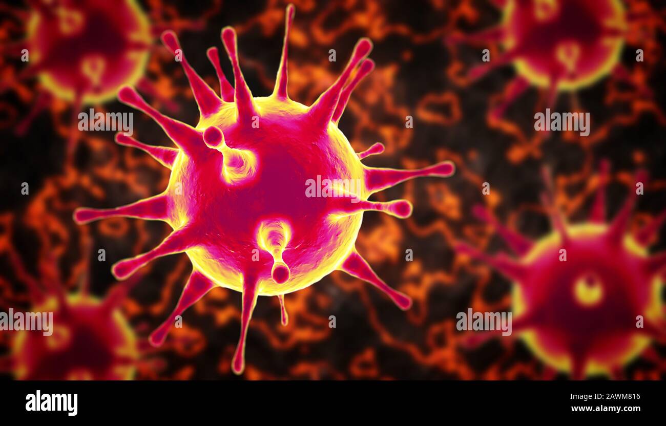 Microscopic view of influenza virus cells. 3D medical illustration ...