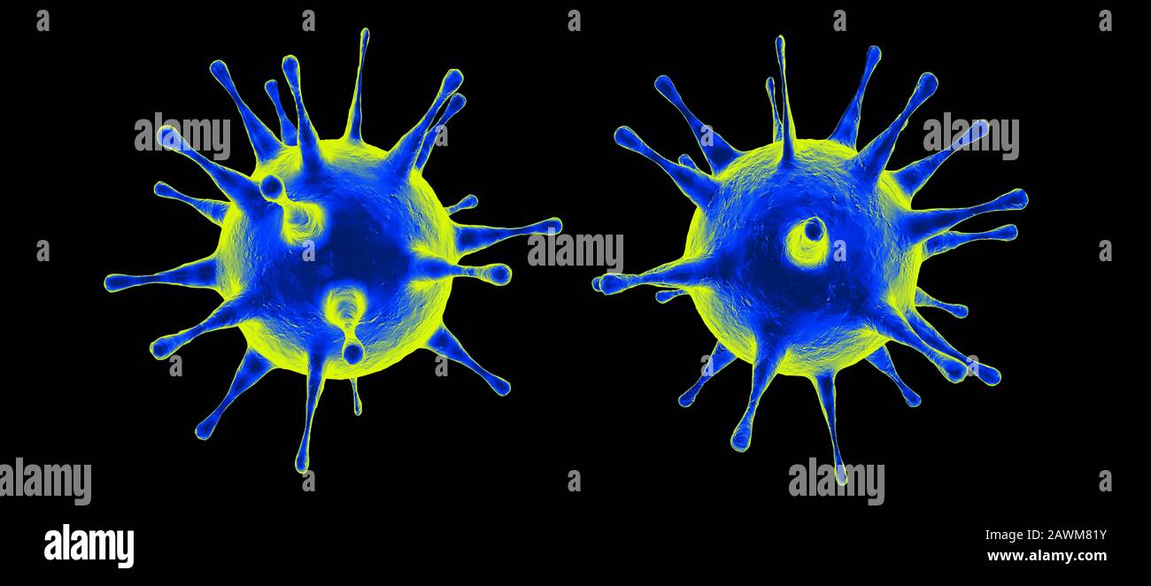Microscopic view of influenza virus cells. 3D medical illustration ...