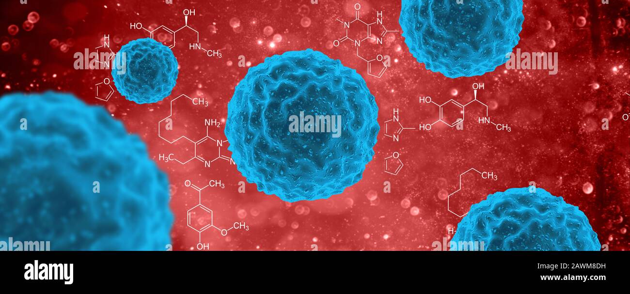 Microscopic view of influenza virus cells. 3D medical illustration ...