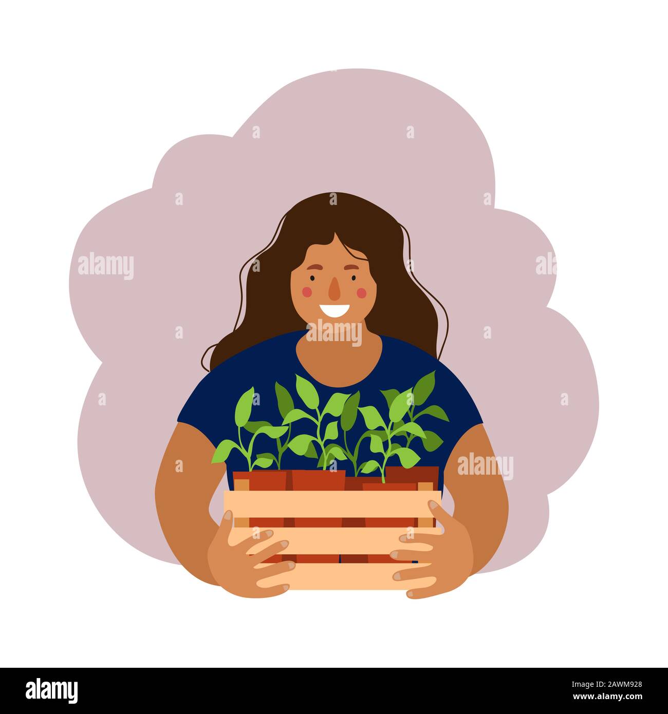 Woman holding a box with garden seedlings. Isolated flat cartoon ...