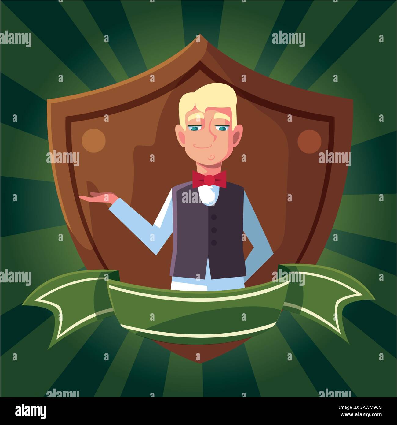 man waiter with uniform in shield with ribbon vector illustration ...
