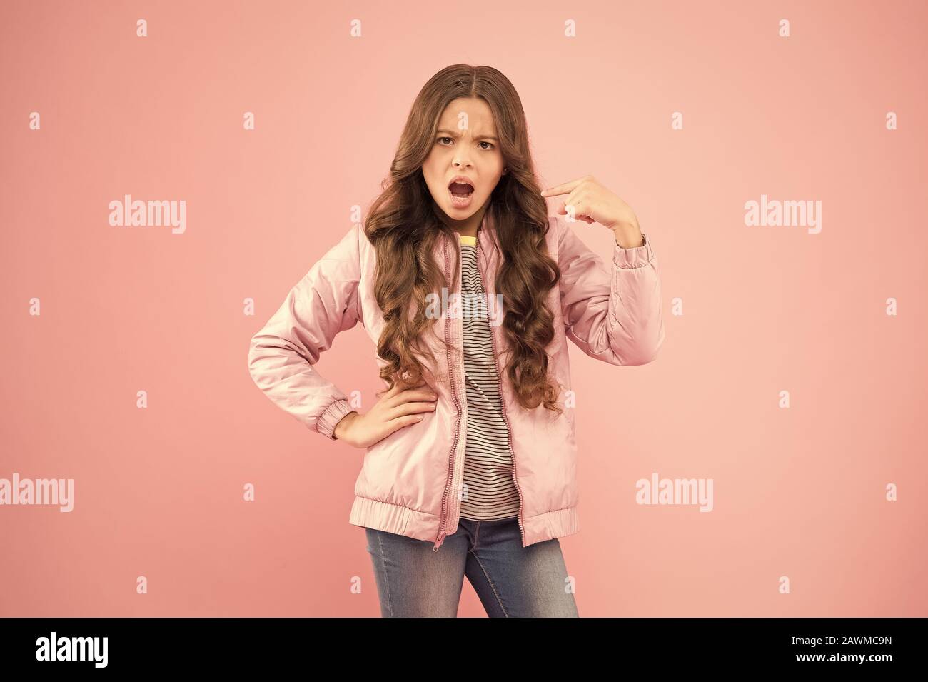 Watch out. Moody girl. Modern fashion for kids. Clothes store. Autumn ...