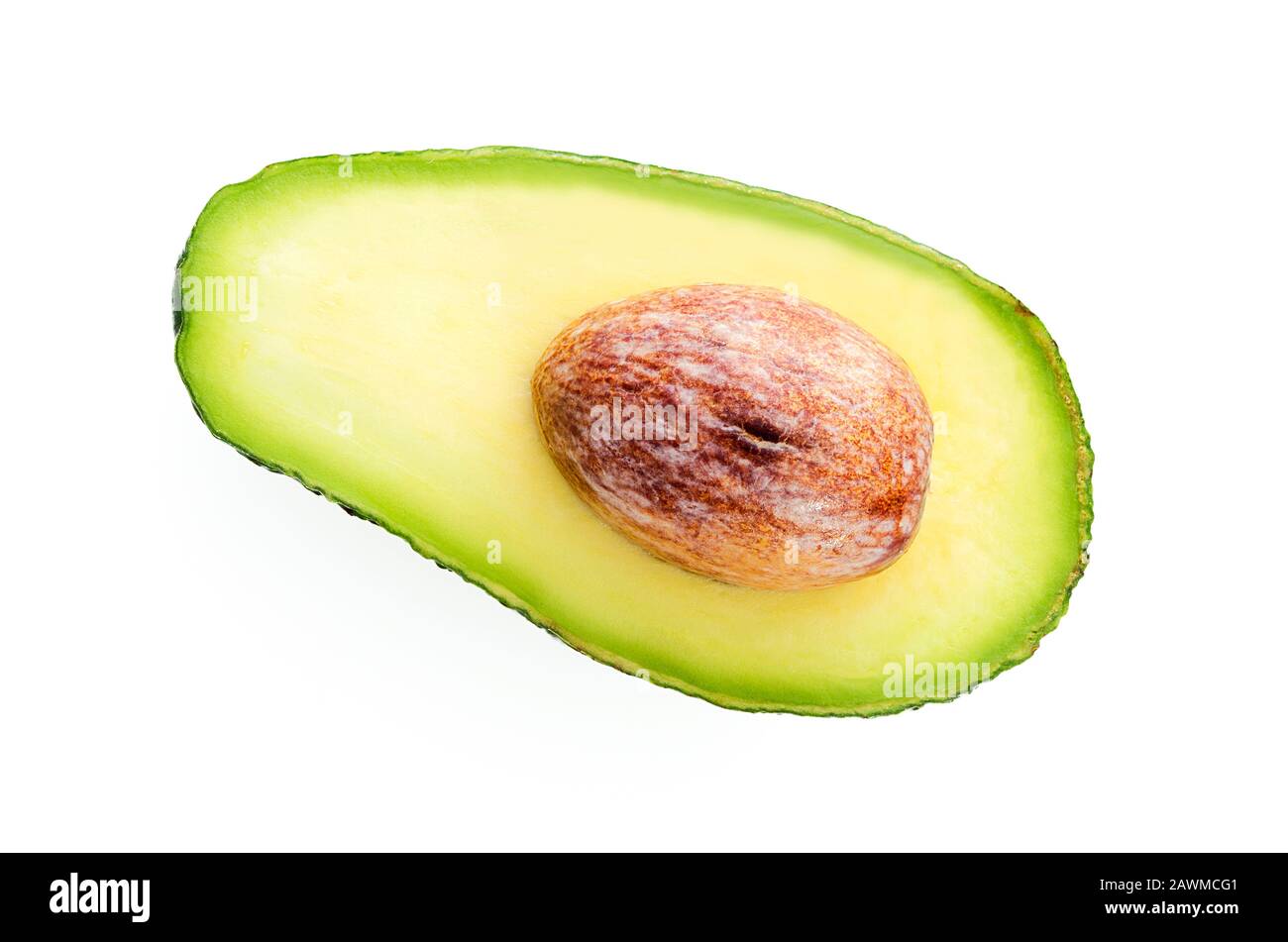 Top view of single fresh avocado slice with core isolated on a white ...