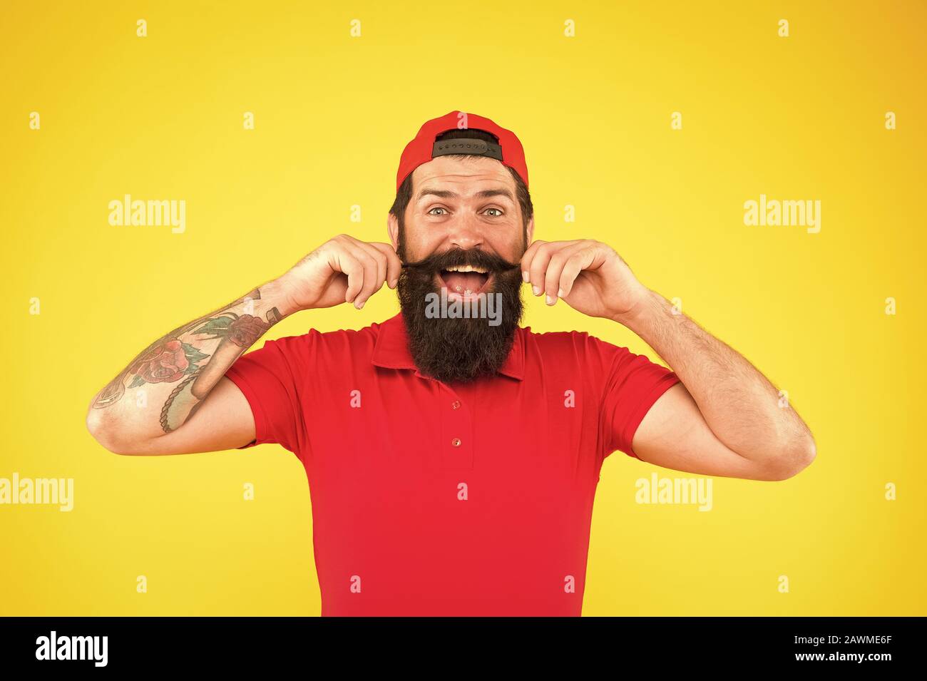 Moustache grooming guide. Hipster handsome guy touching moustache. Tips ...