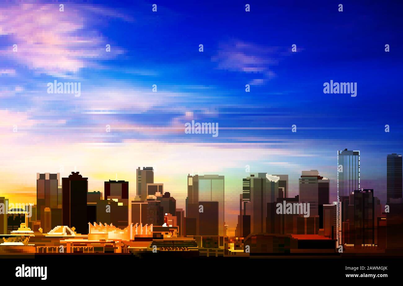 abstract spring background with pink clouds and panorama of Vancouver ...