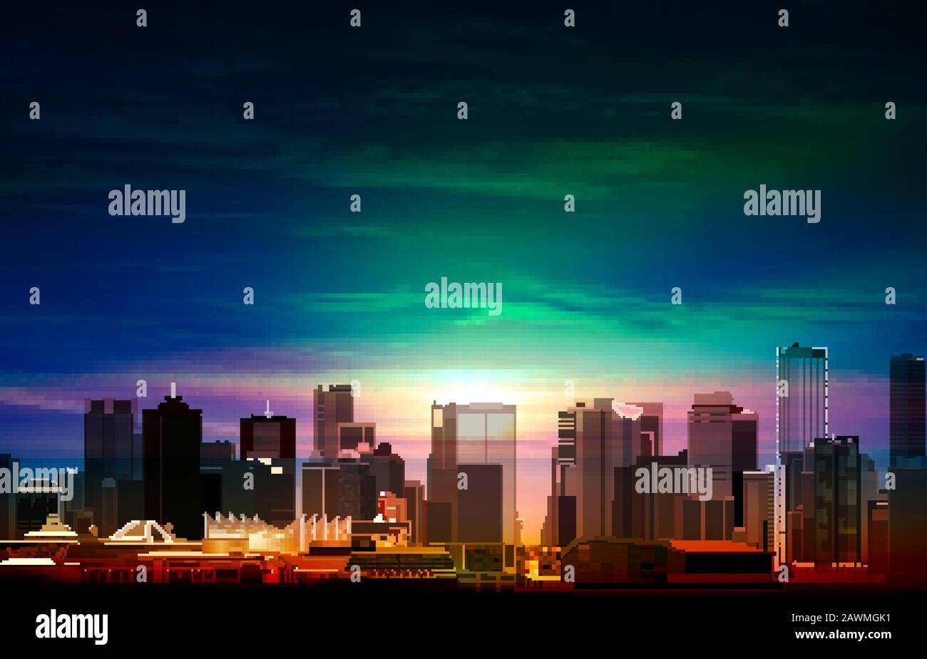 abstract spring background with sunrise green clouds and panorama of ...