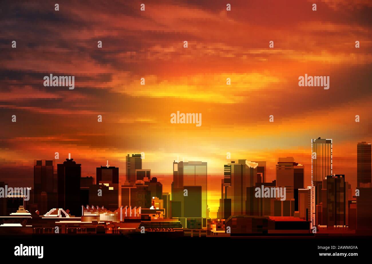 abstract spring background with sunrise red clouds and panorama of ...