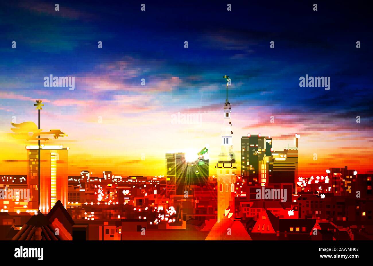 abstract spring background with red blue sunset and panorama of Tallinn ...