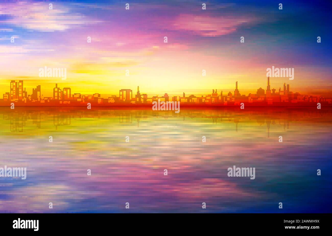 abstract spring background with blue red sunset and silhouette of ...