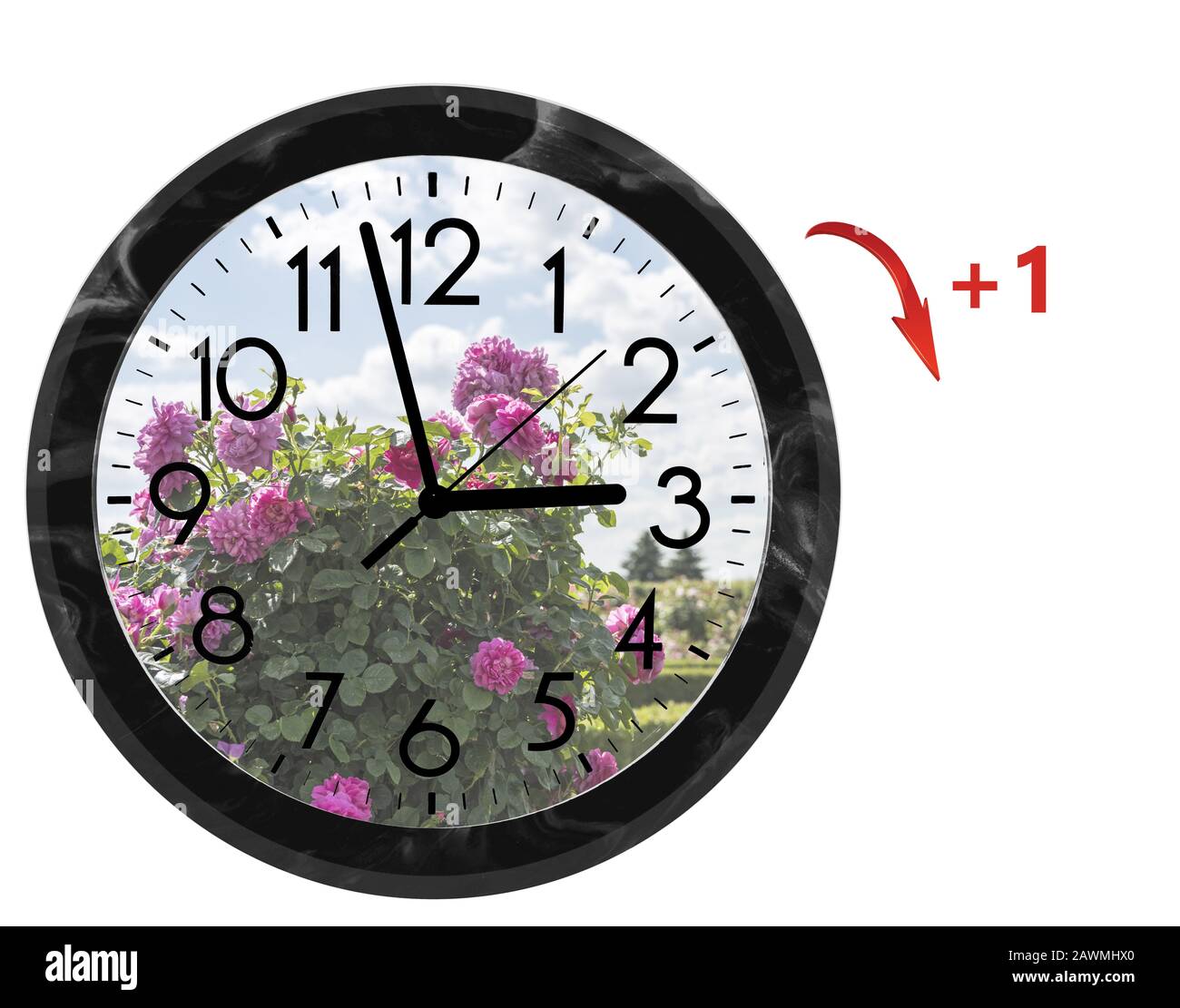 Daylight Saving Time (DST). Wall Clock going to summer time (+1). Turn ...