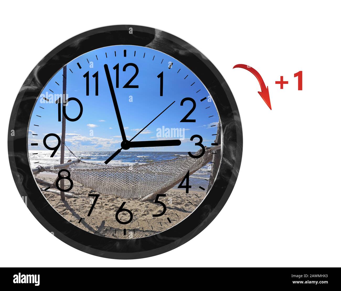 Daylight Saving Time (DST). Wall Clock going to summer time (+1). Turn ...