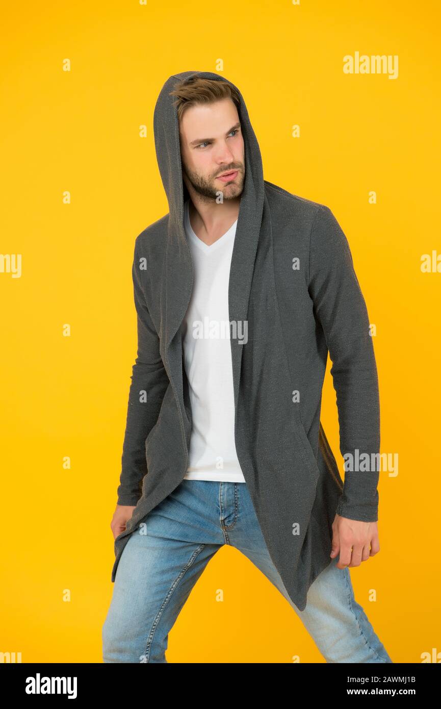 Dressing with confidence. Confident man yellow background. Handsome guy ...