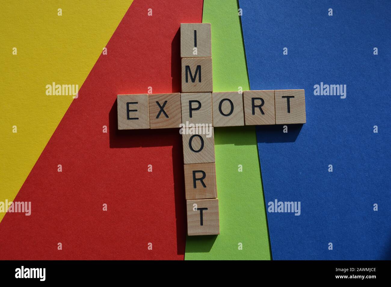 Import, Export, words in wood alphabet letters on a multi colored ...