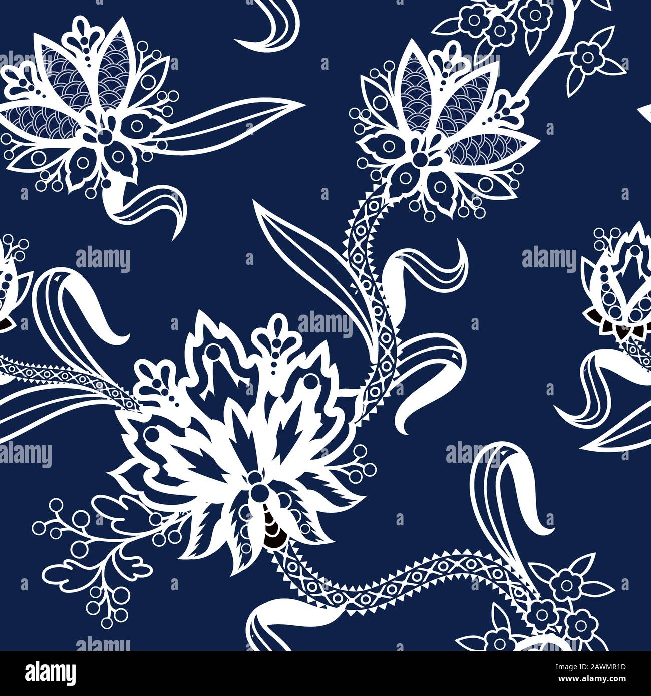 Seamless pattern with Chinese white flowers on blue background. Vector ...