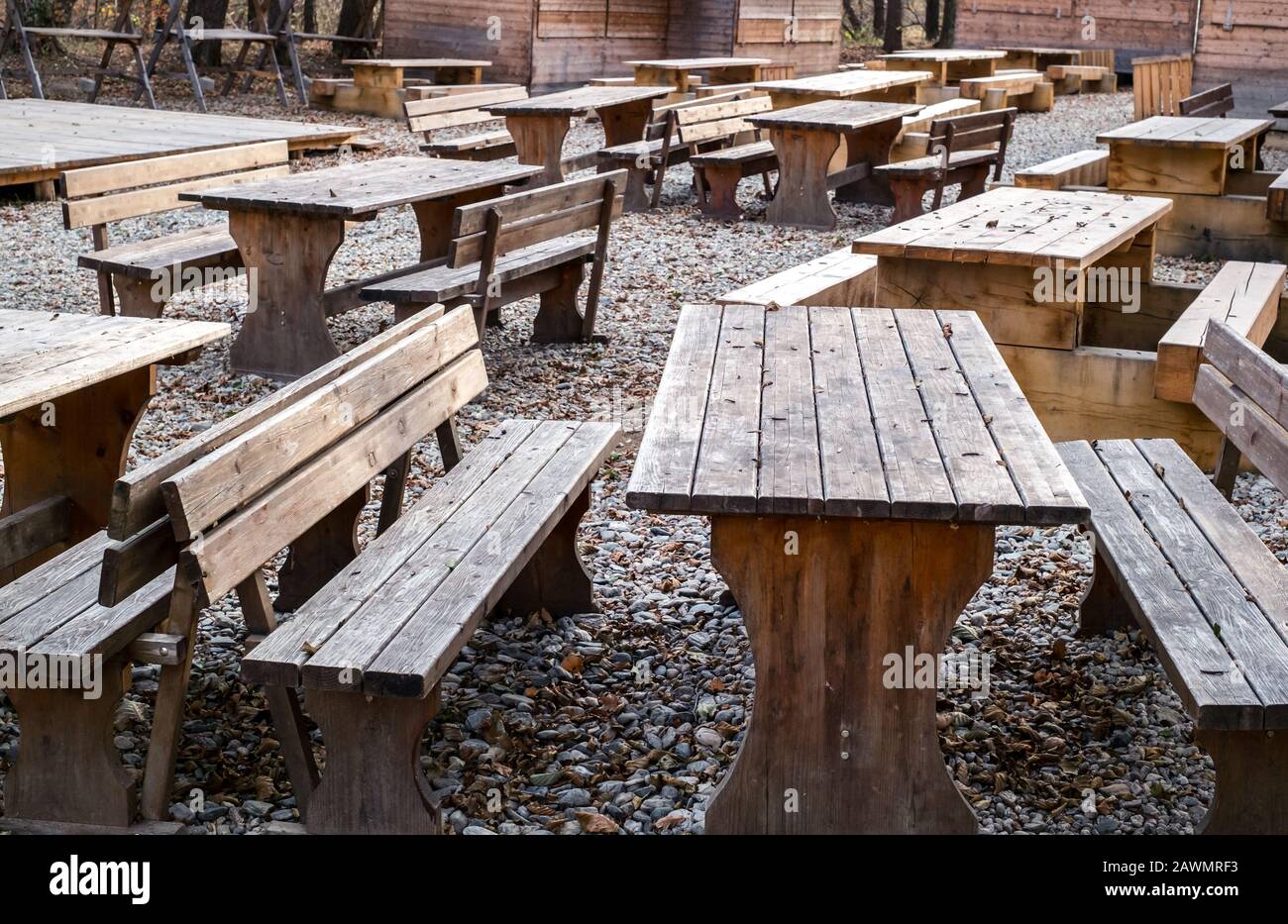 old wooden tables and benches Stock Photo - Alamy