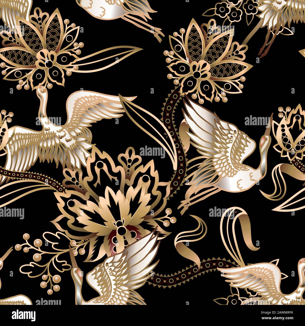Seamless pattern with Chinese gold cranes and flowers. Vector Stock ...