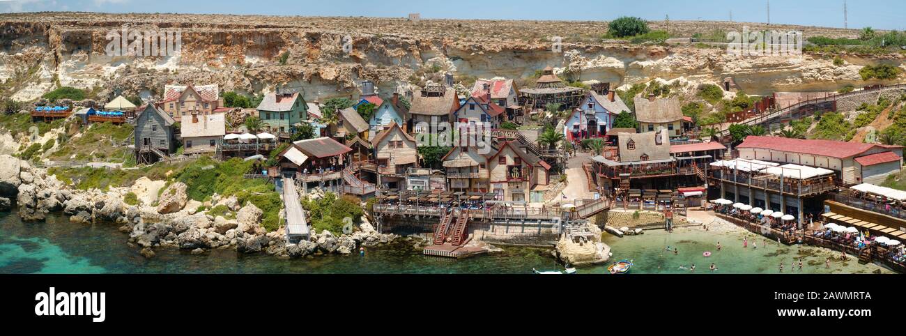 Popeye Village, Malta - July 19, 2019. Aerial panorama of Popeye ...