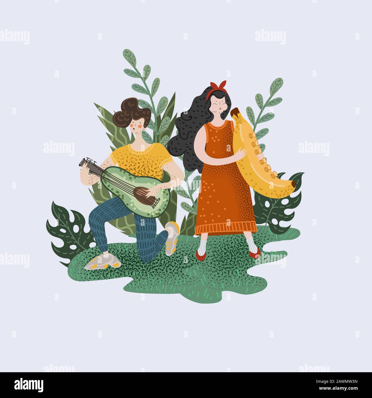 Boy and girl who play musical instruments in form of fruits Stock ...