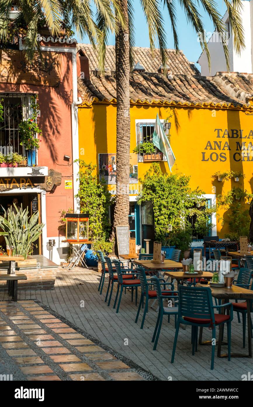 Marbella, Spain - August 26th, 2018. Typical old town street with ...
