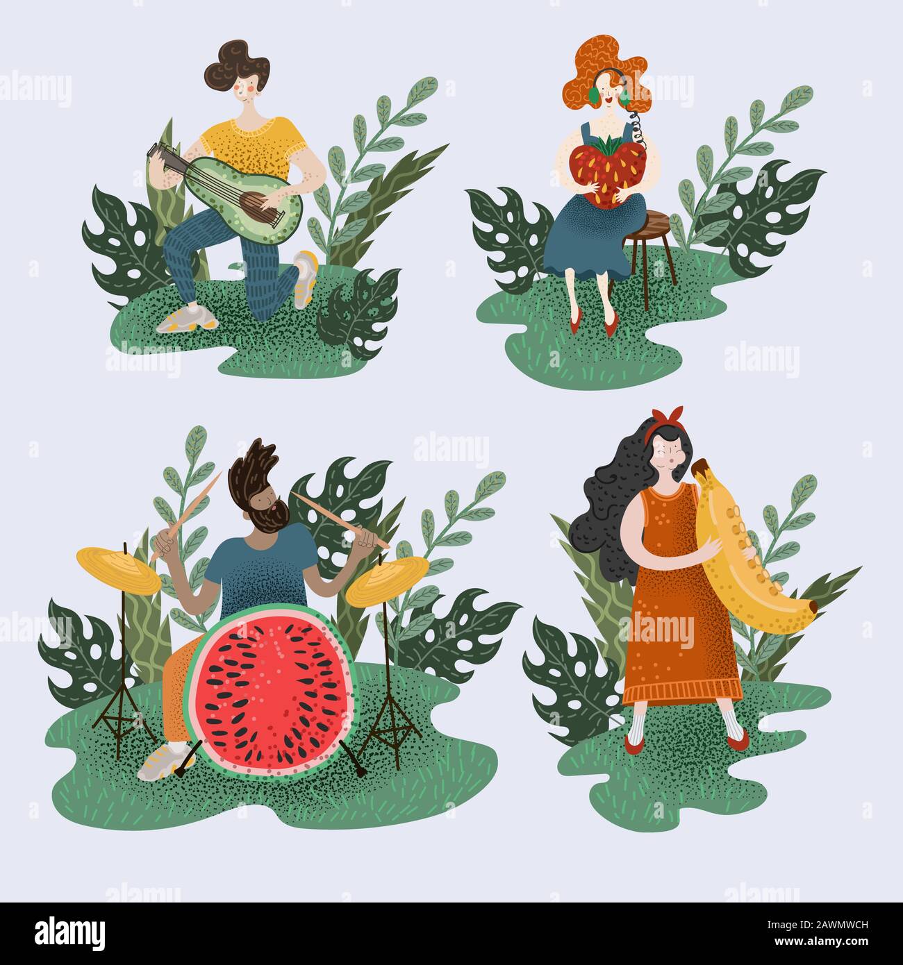 Little people who play musical instruments. Illustration with musicians ...