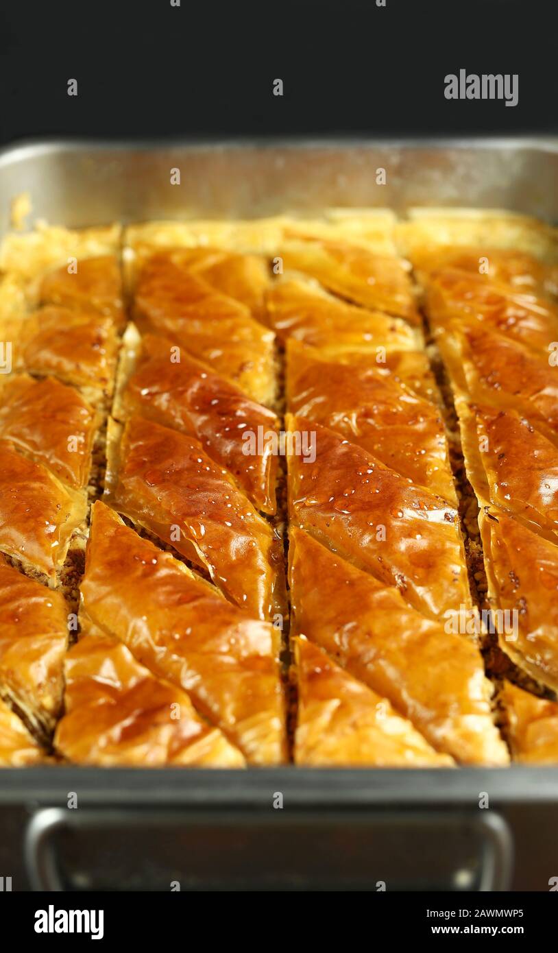 Concept of turkish sweet. Baklava triangles, traditional turkish ...