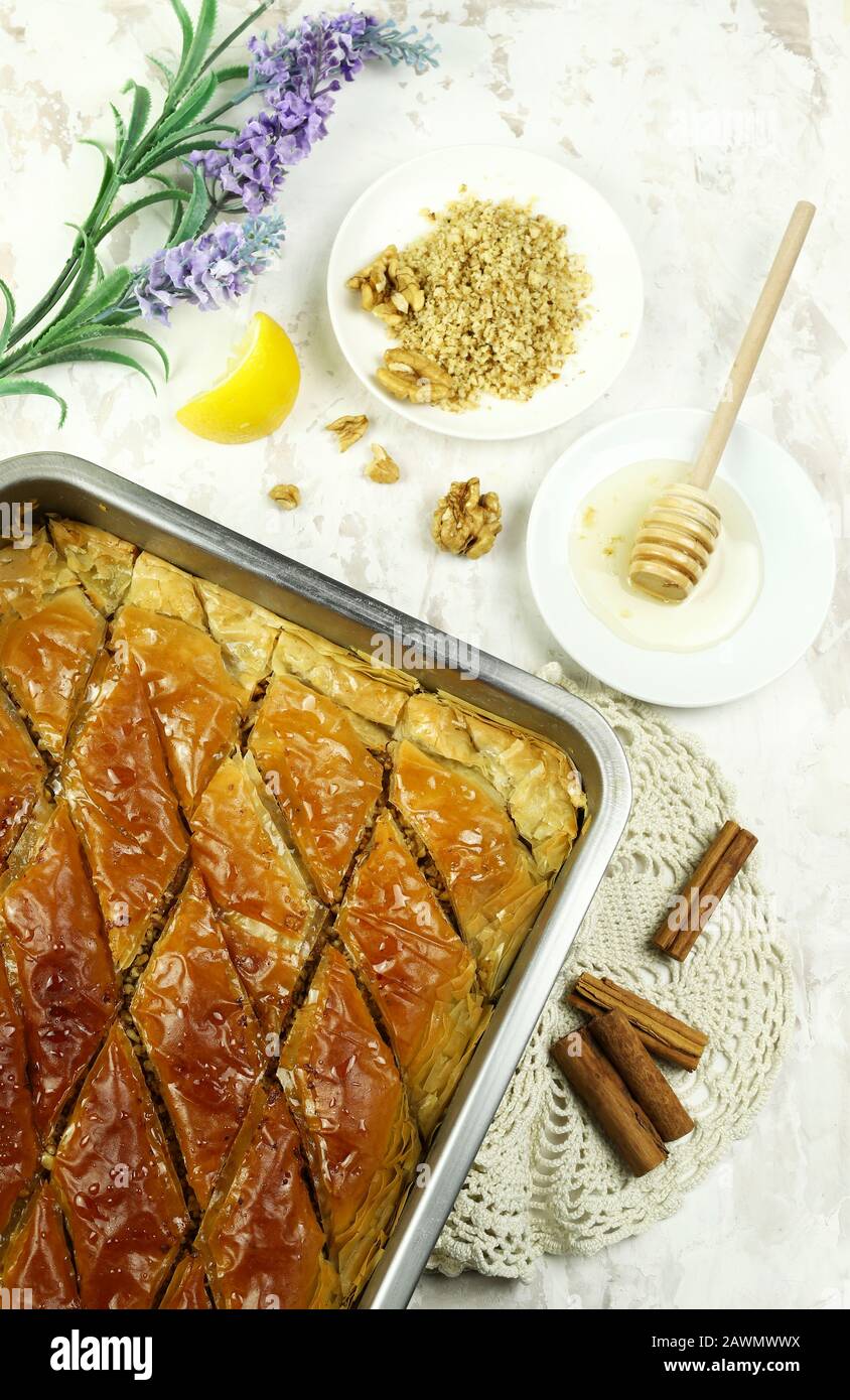 Concept of turkish sweet. Baklava triangles, traditional turkish ...