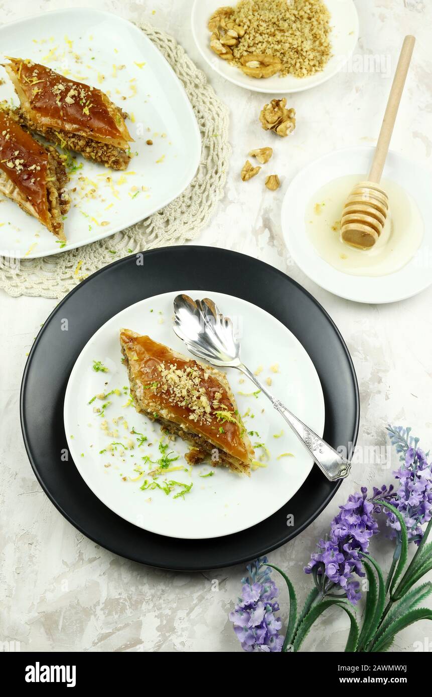 Concept of turkish sweet. Baklava triangles, traditional turkish ...