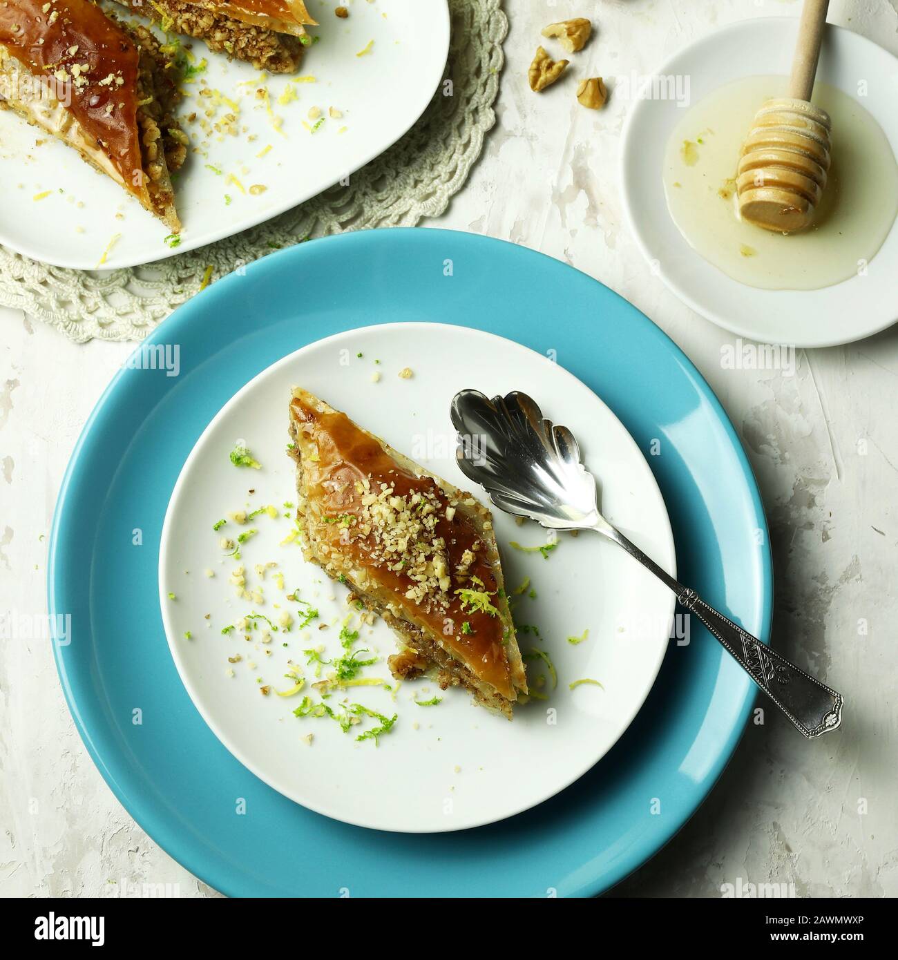 Concept of turkish sweet. Baklava triangles, traditional turkish ...