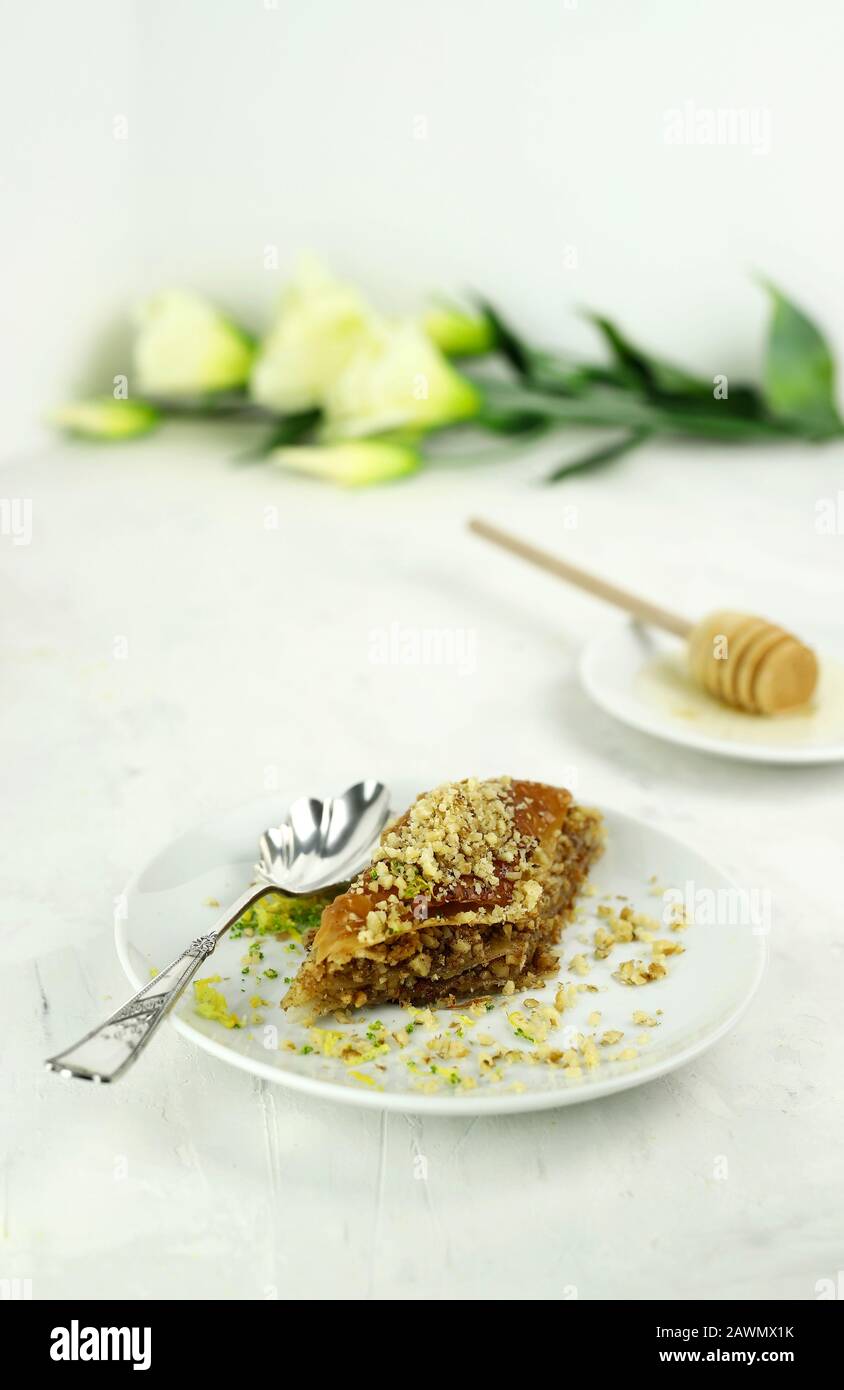 Concept of turkish sweet. Baklava triangles, traditional turkish ...