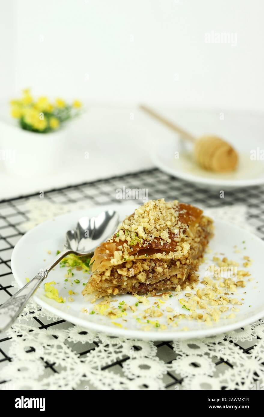 Concept of turkish sweet. Baklava triangles, traditional turkish ...