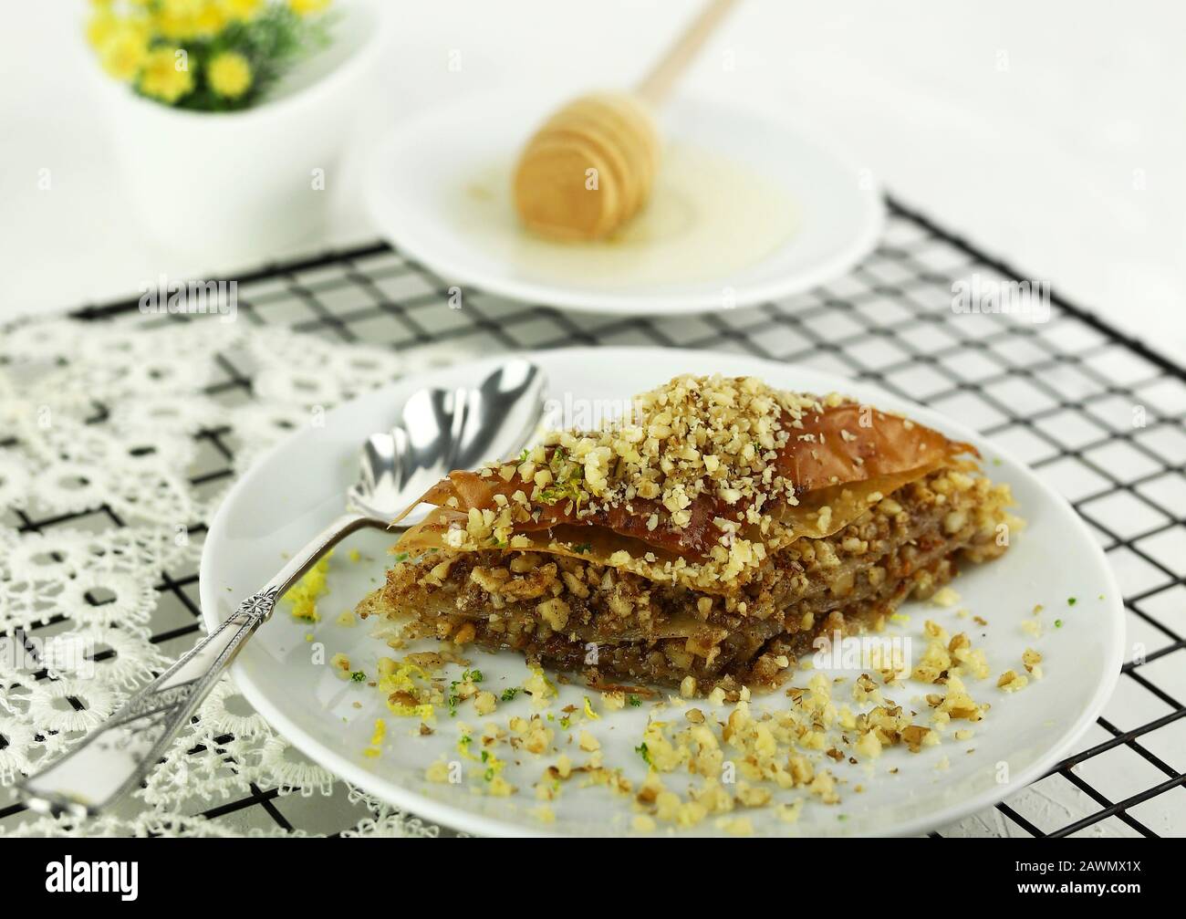 Concept of turkish sweet. Baklava triangles, traditional turkish ...