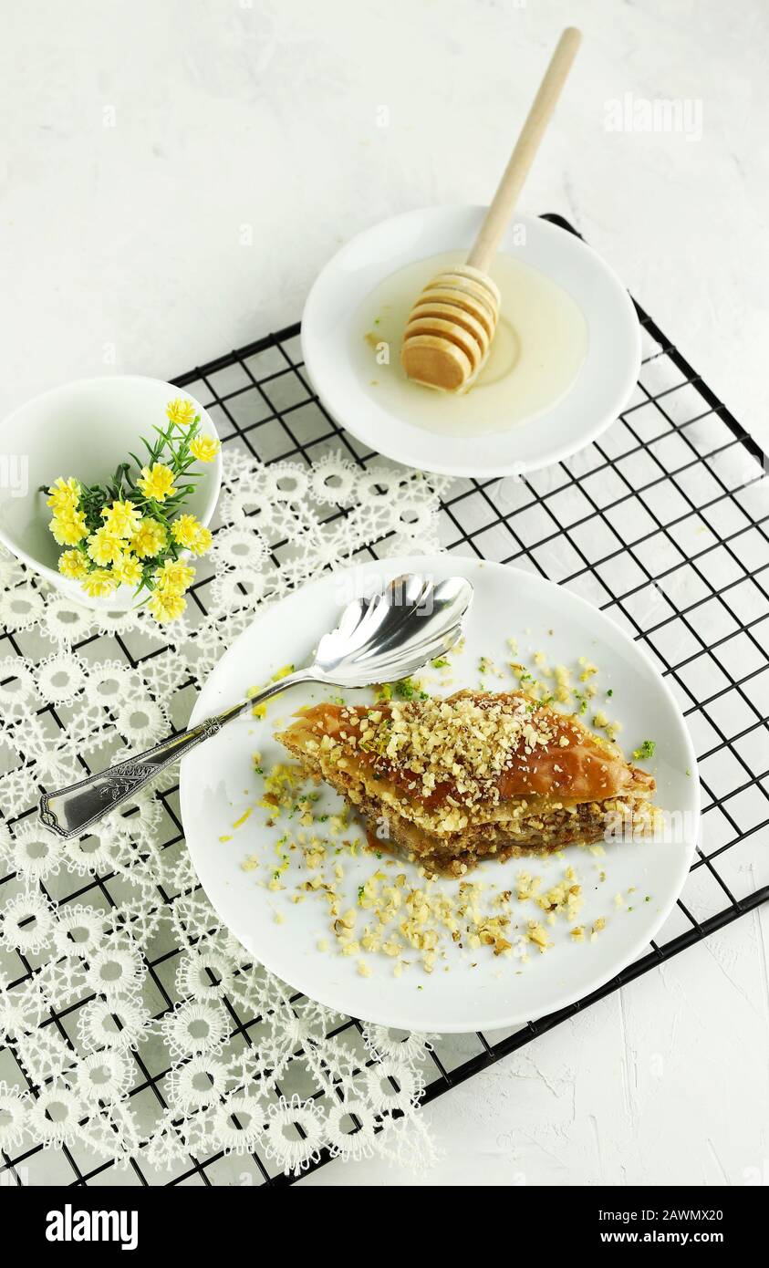 Concept of turkish sweet. Baklava triangles, traditional turkish ...