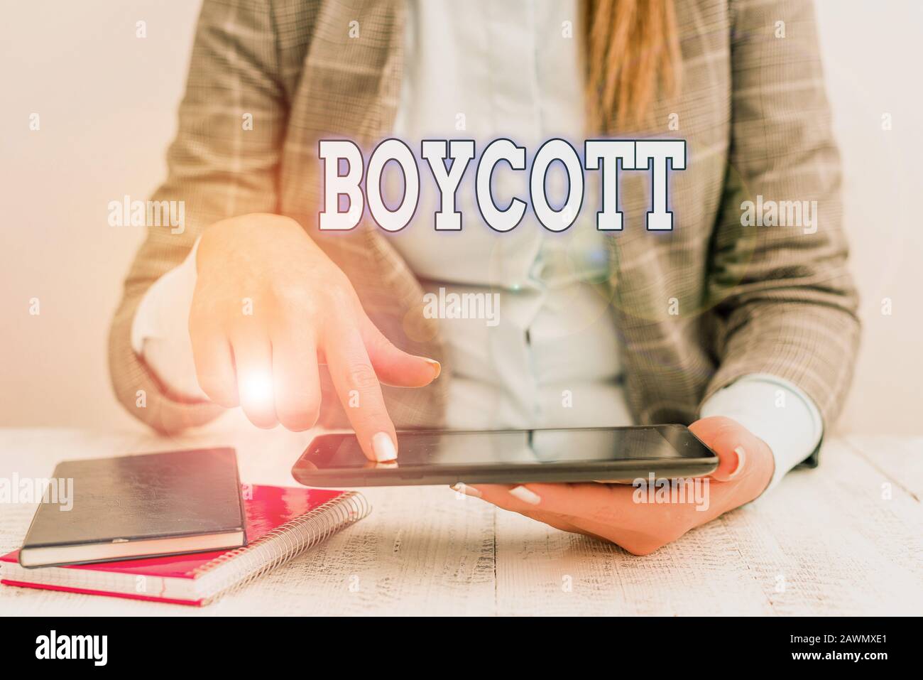 Writing note showing Boycott. Business concept for stop buying or using ...
