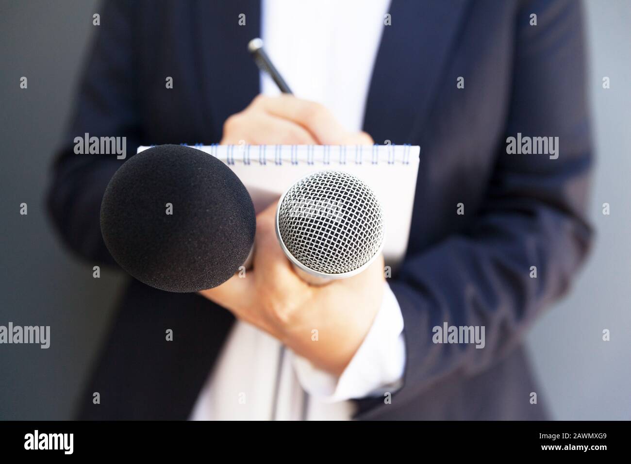 Female reporter at press conference, writing notes, holding microphone ...