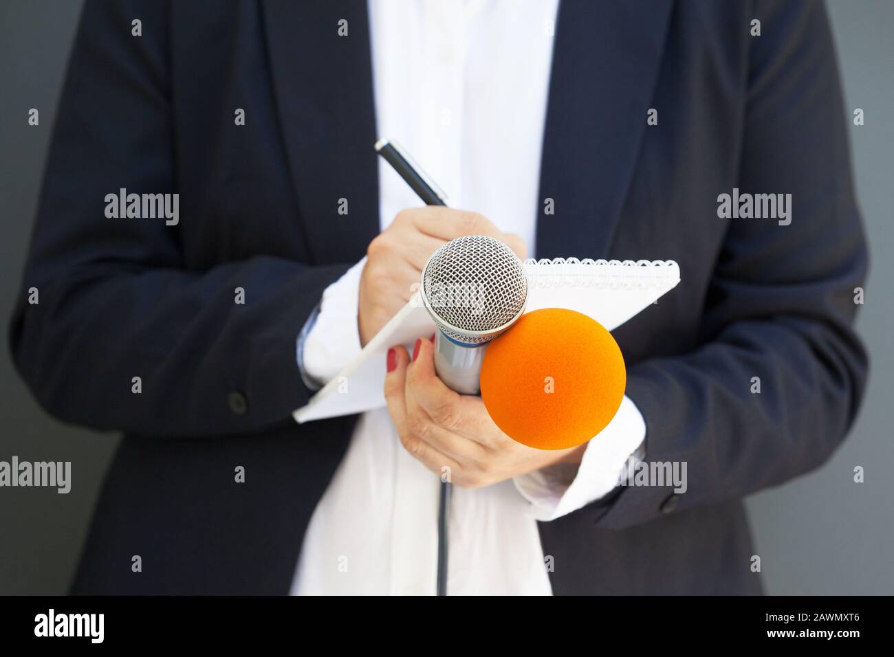 Female reporter at press conference, writing notes, holding microphone ...