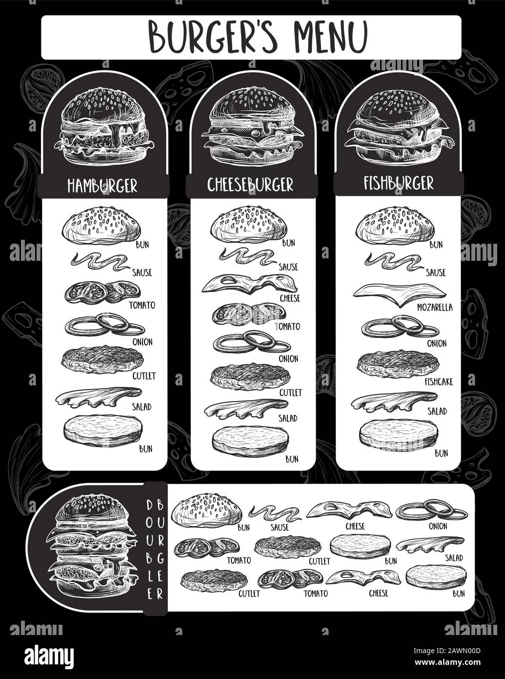 Burger menu with composition of products in graphic style Stock Vector ...