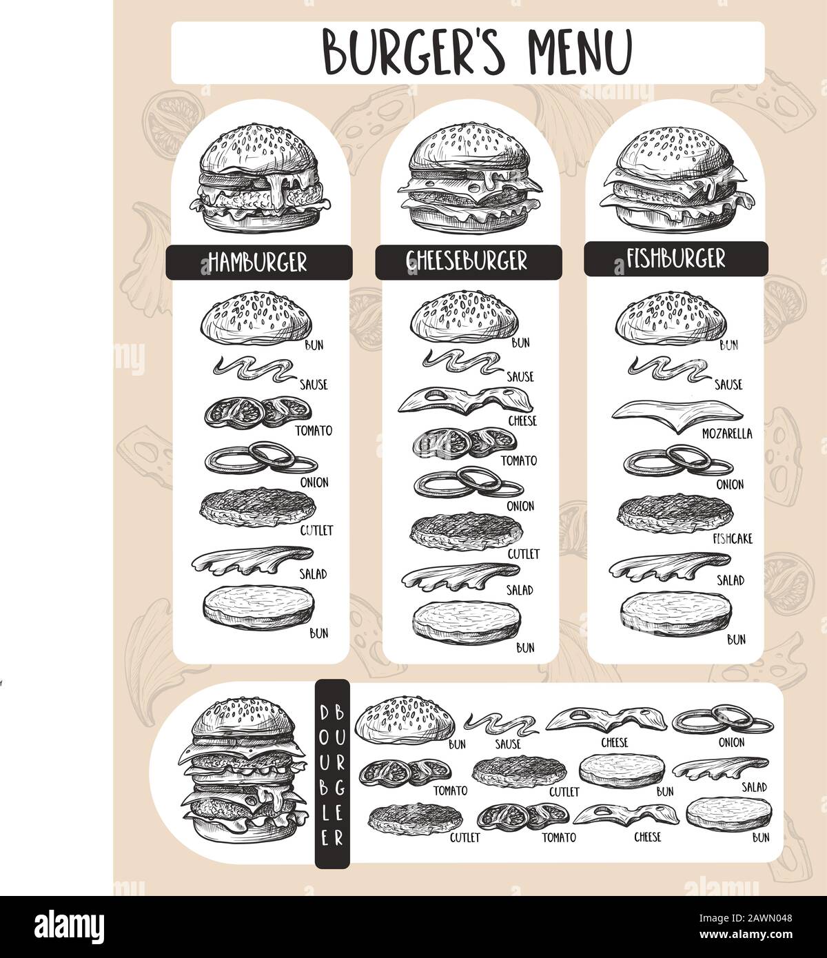 Burger menu with composition of products in graphic style Stock Vector ...