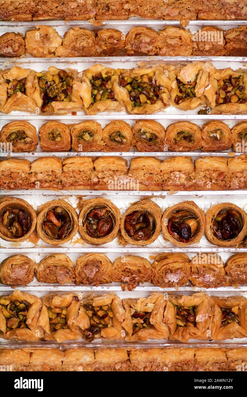 Arabic baklava desserts mix organized in rows background pattern Stock ...