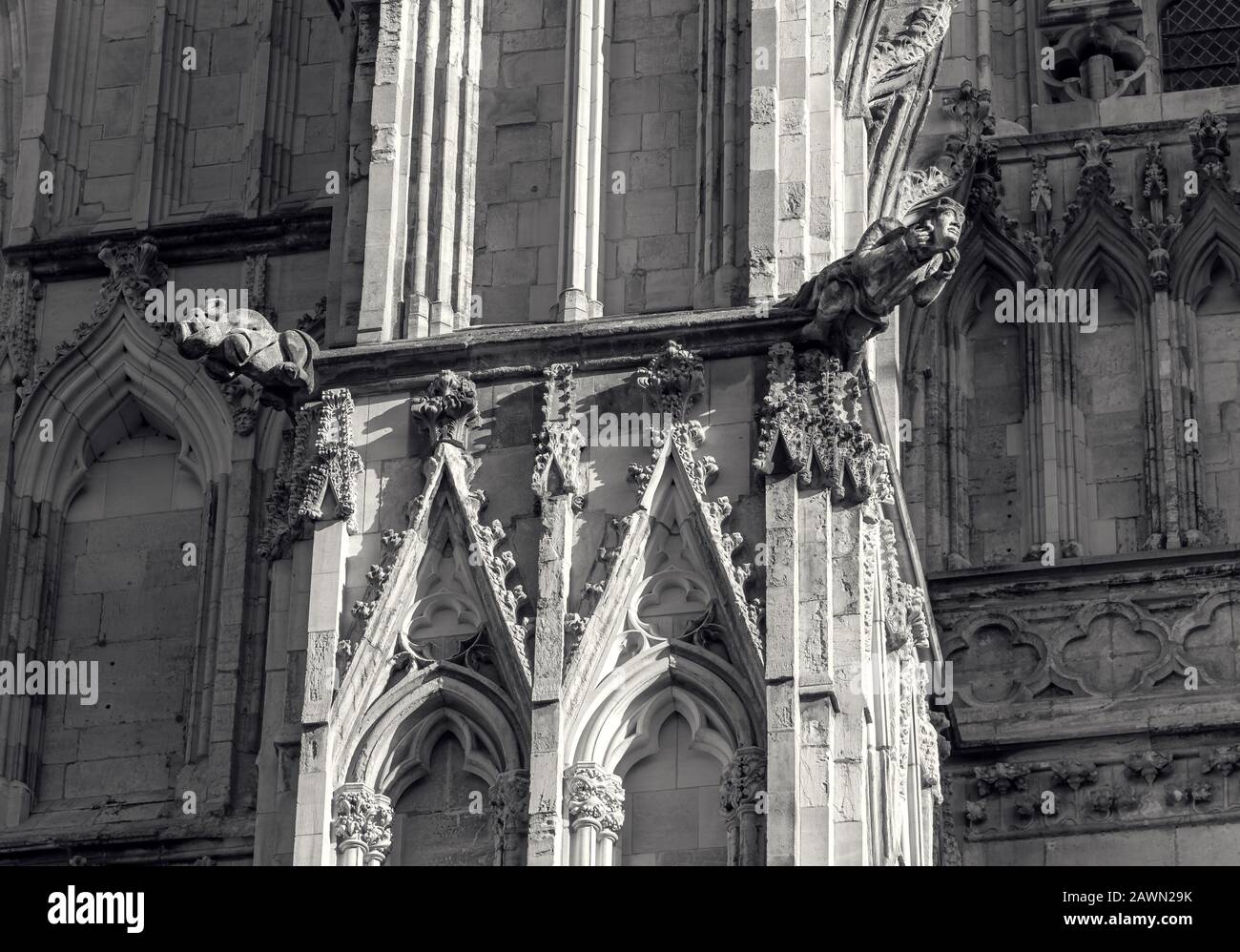 Medieval carvings of gargoyles. Two figures jut out from the intricate ...
