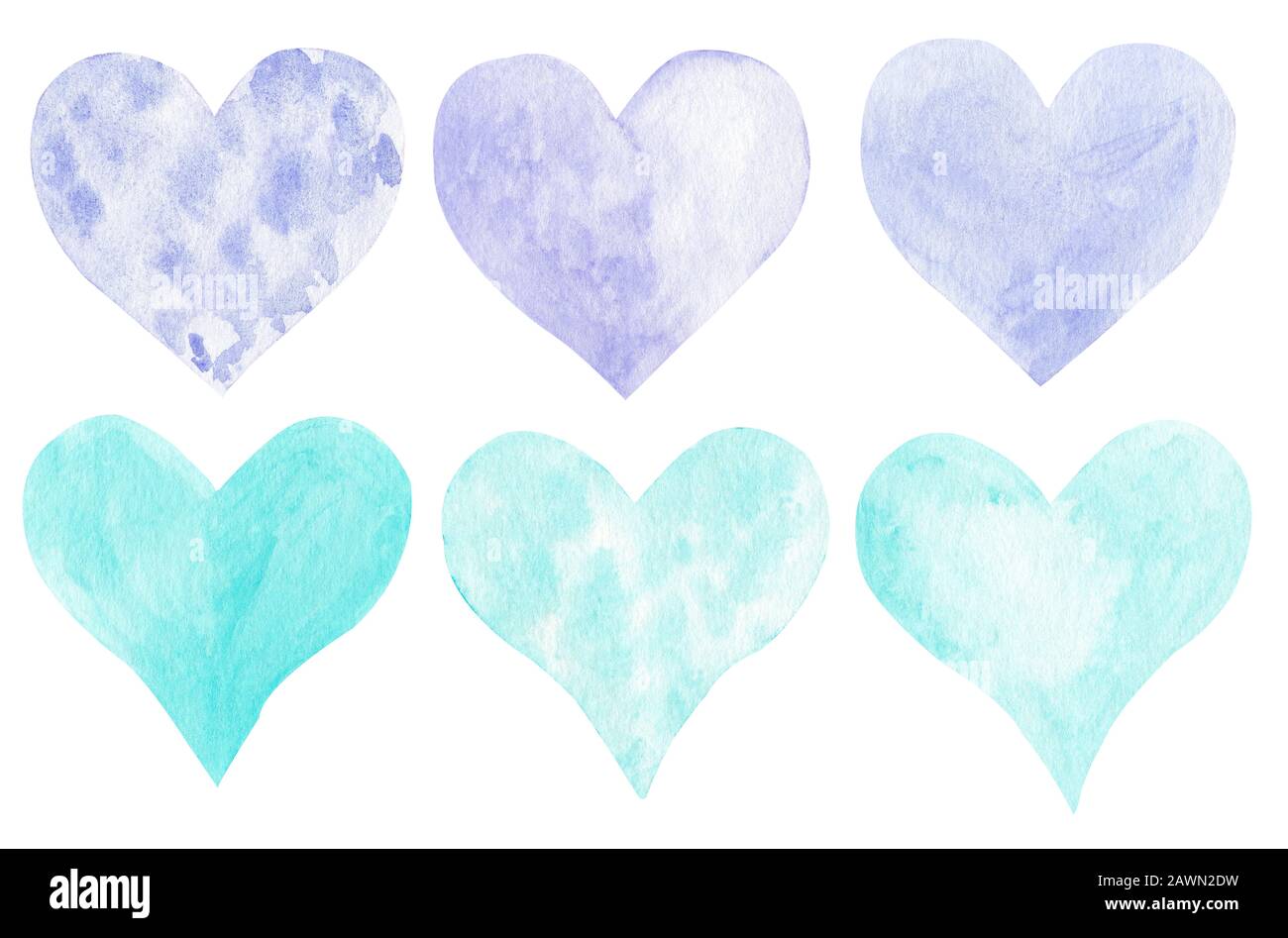 Hand painted watercolor blue and violet hearts set. Cute hearts ...