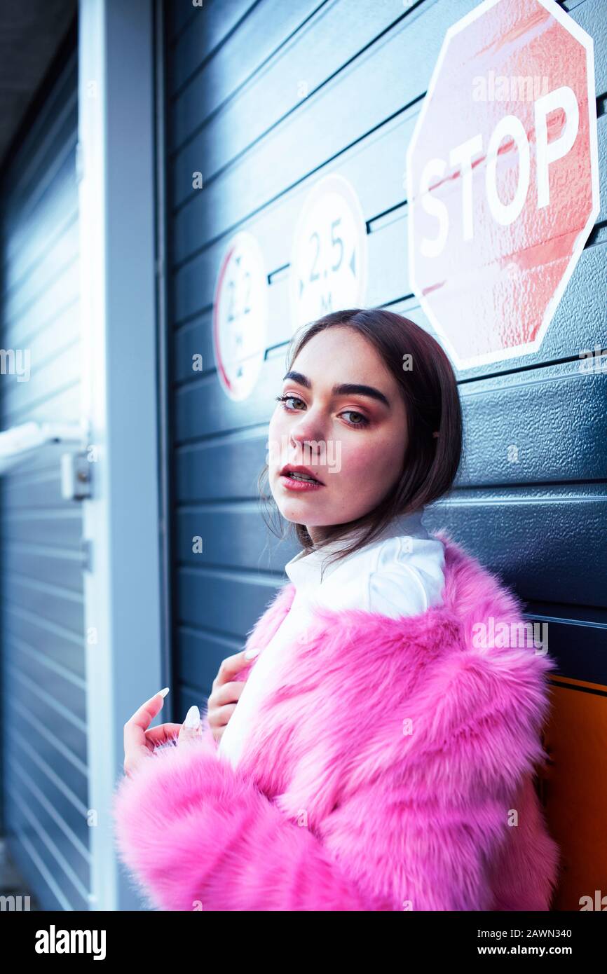 young cute girl teenager gesturing hanging around city parking and ...