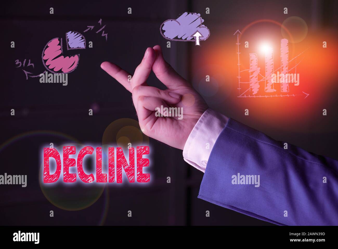 Handwriting text Decline. Conceptual photo Become smaller fewer less ...