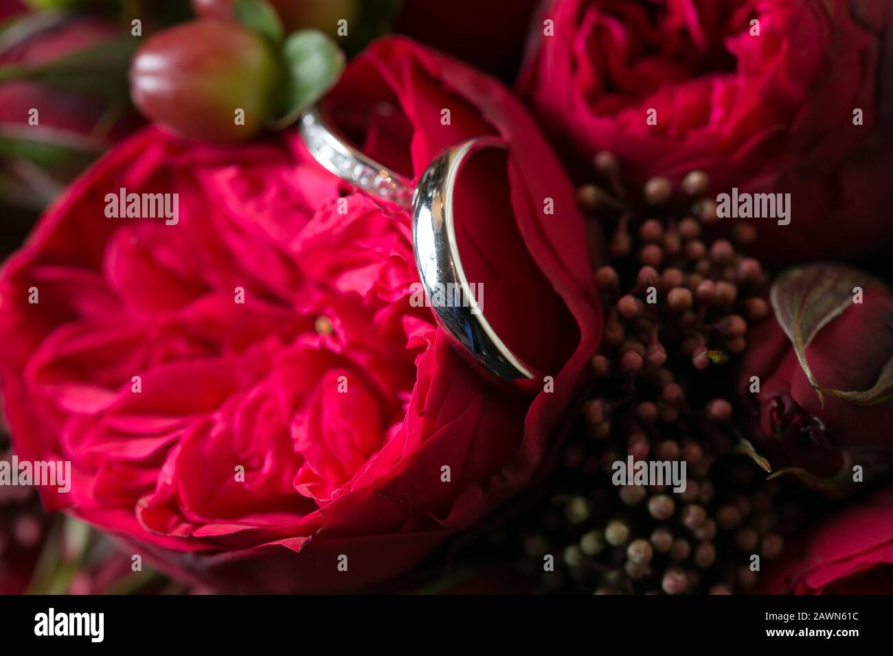 Bridal bouquet made with red roses with wedding rings Stock Photo - Alamy