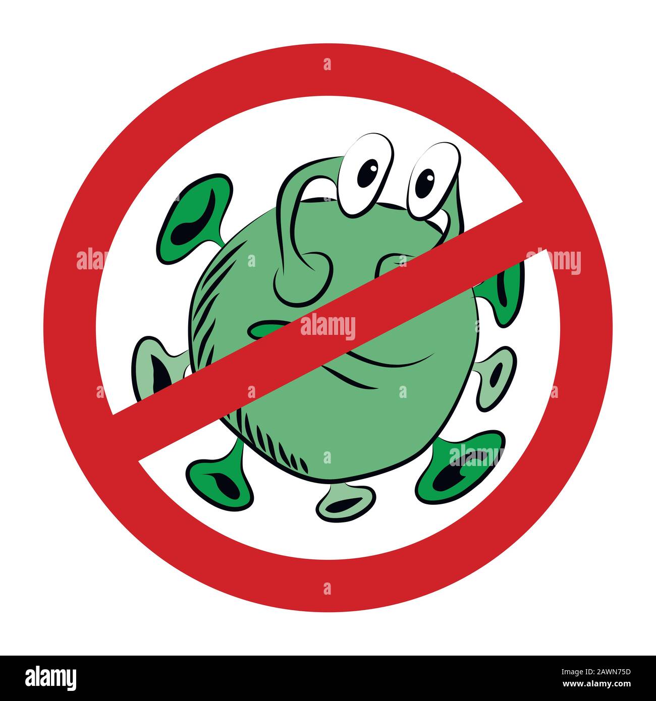 Vector drawing prohibitory sign and green microbe behind it on a white ...