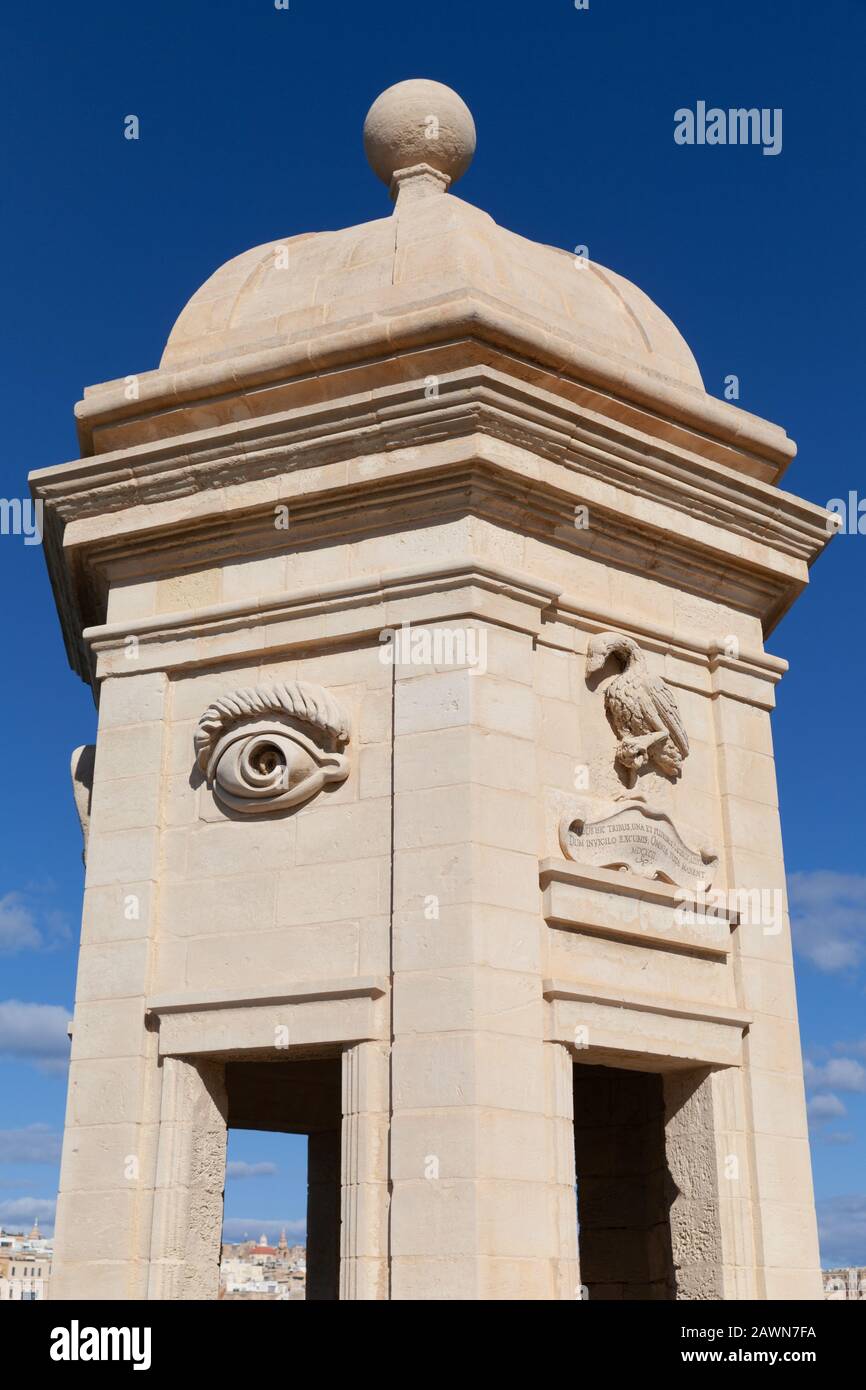 La Guardiola tower and freemasonry symbols, Safe Haven Gardens, Senglea ...