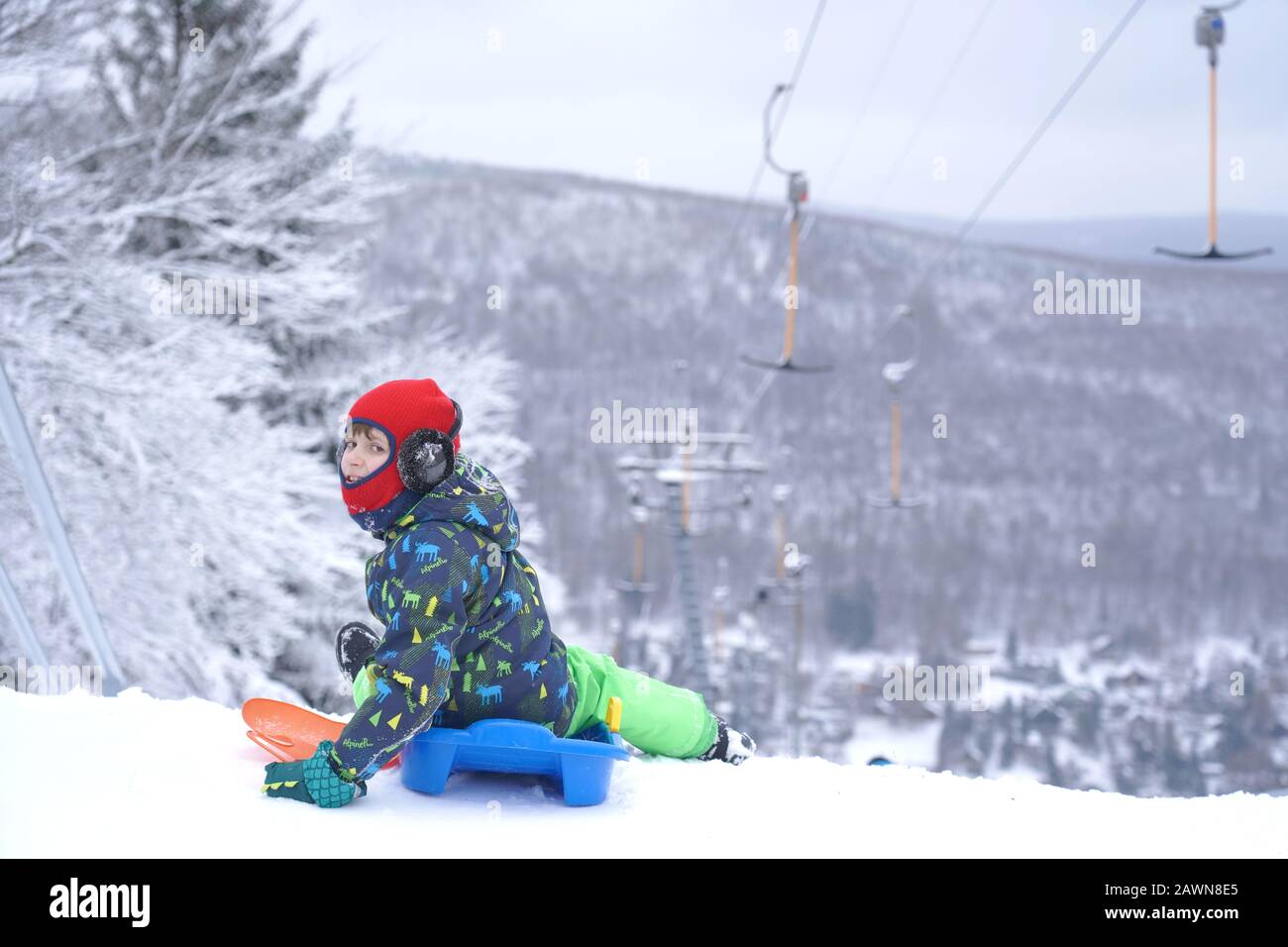 A boy on bob sleight in snow Stock Photo - Alamy